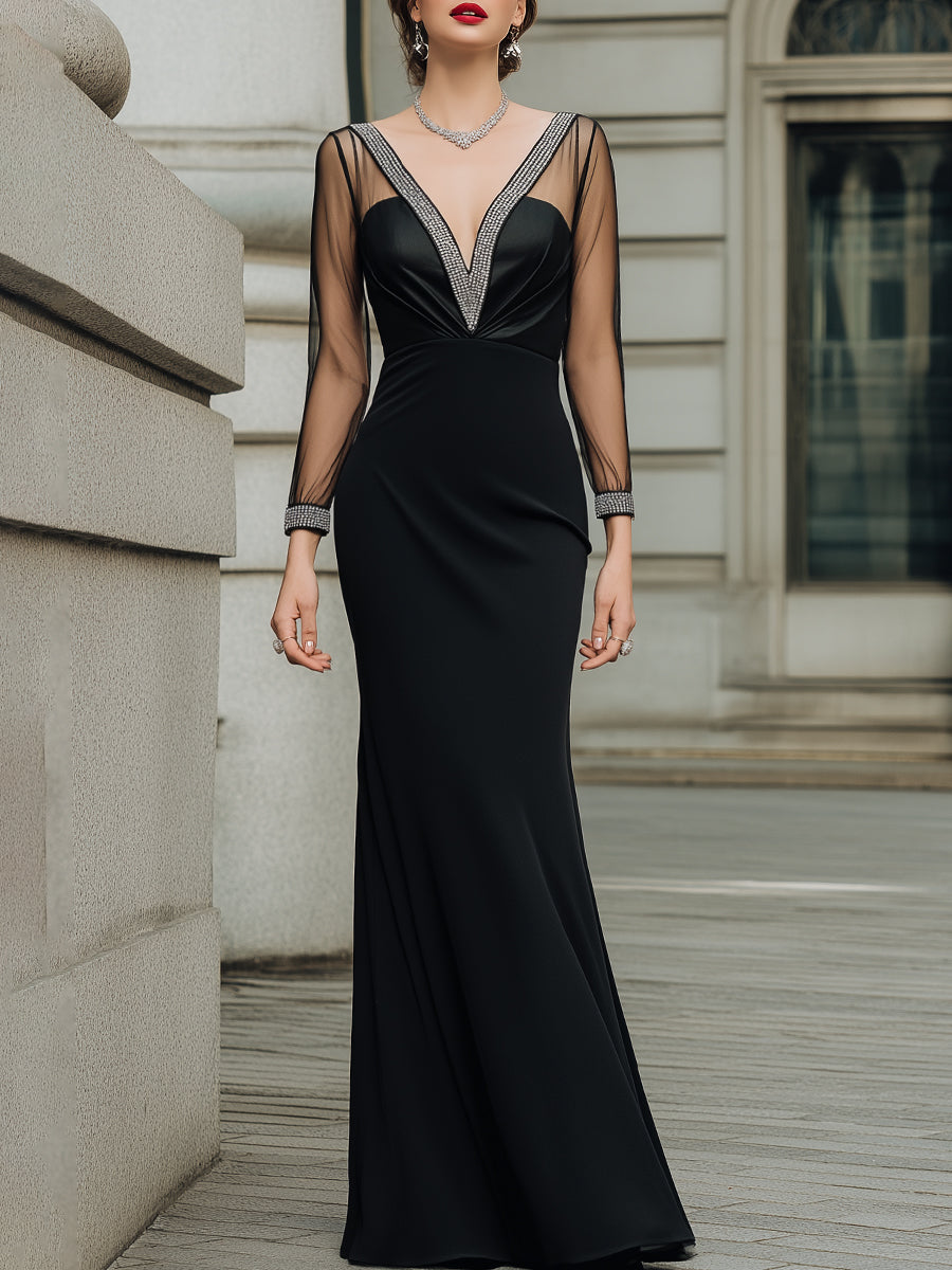 Sheer-Sleeve Colorblock Trim Fitted Evening Gown – VOS LEE