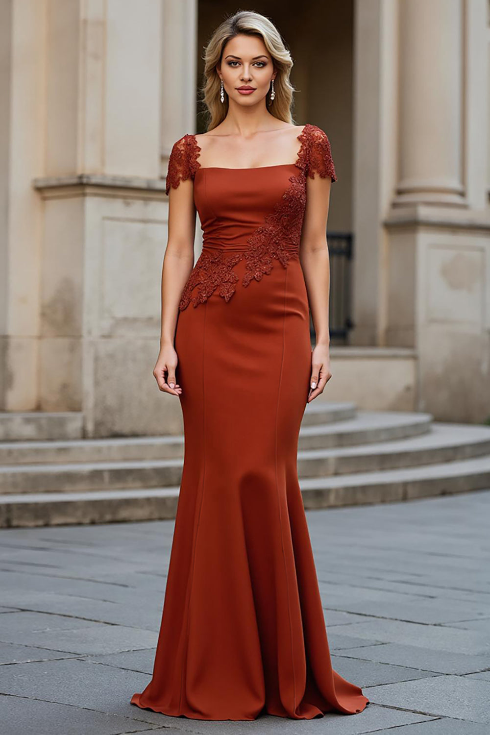 Mermaid Square Neck Sweep Train Rust Mother of the Bride Dress with Ap ...
