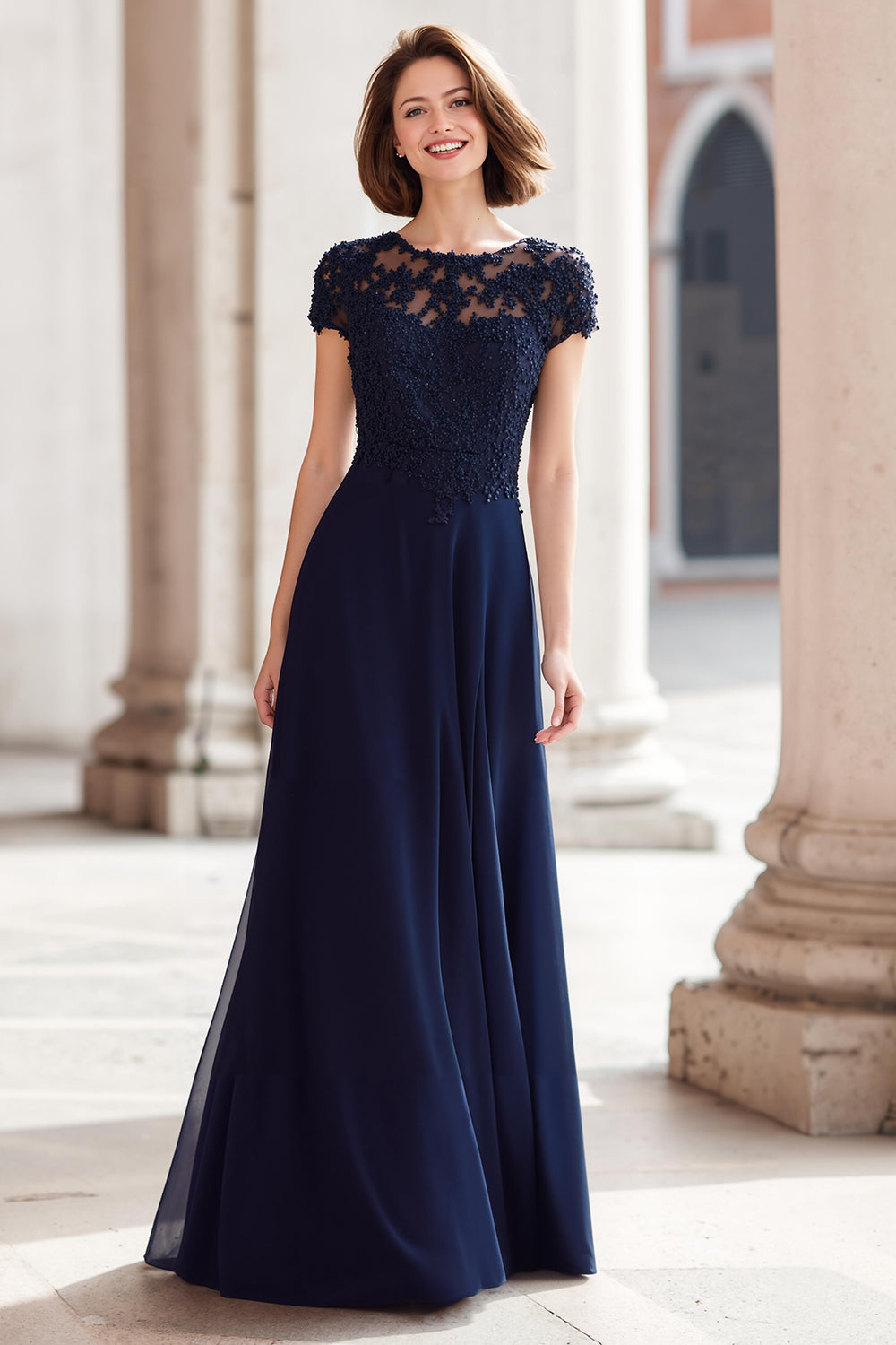 Navy Round Neck Chiffon A-Line Long Mother of the Bride Dress with App ...