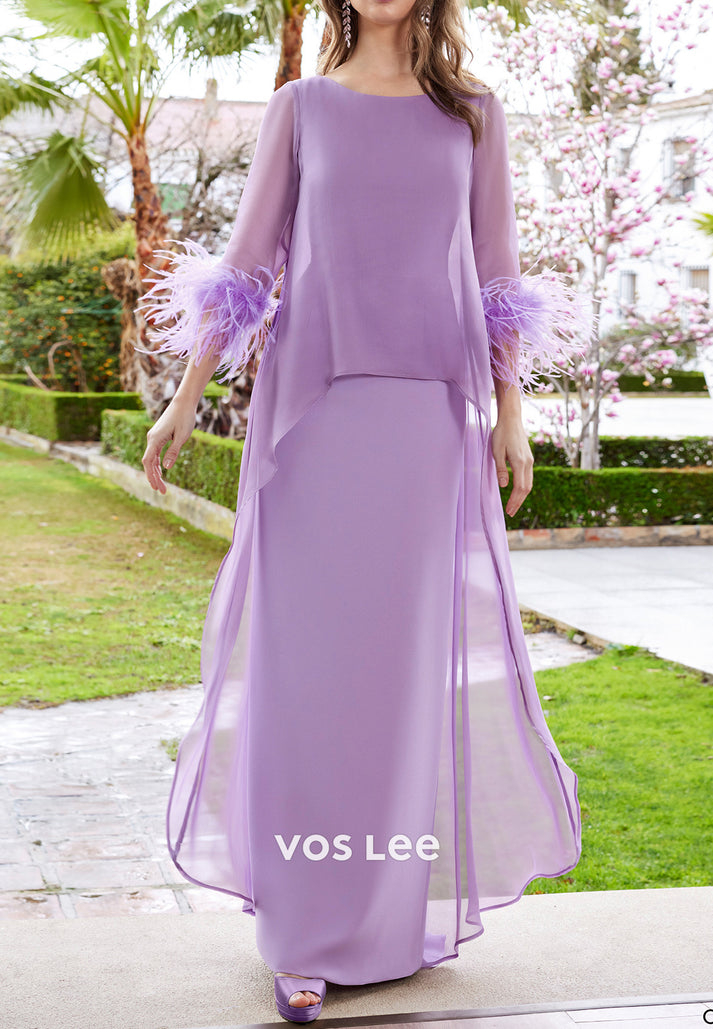 Casual 3/4 Sleeve Feather Sheath Semi Formal Floor-Length Mother of Br ...