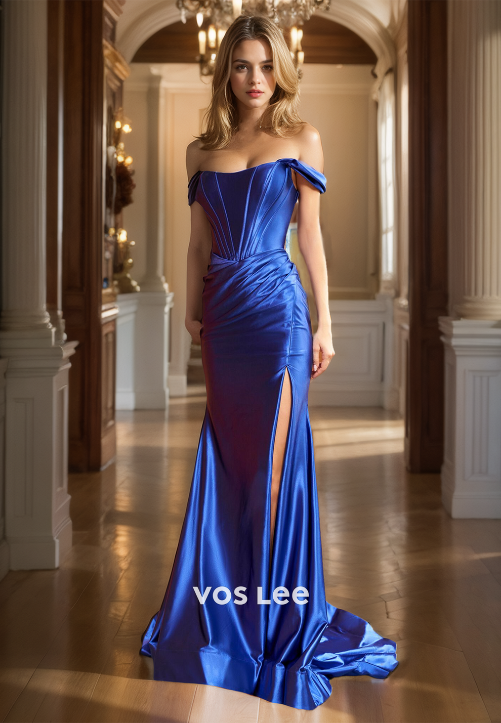 Elegant Sheath Off Shoulder Draped Sweep Train Satin Prom Formal Dress ...