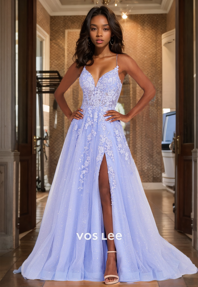 A-Line Deep V-Neck Lace Appliques Charming Side Slit Prom Formal Dress ...