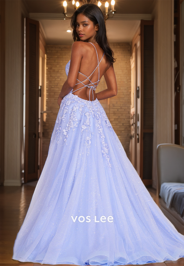 A-Line Deep V-Neck Lace Appliques Charming Side Slit Prom Formal Dress ...