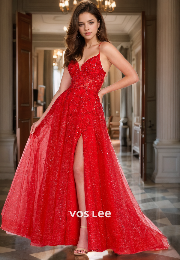 A-Line Deep V-Neck Lace Appliques Charming Side Slit Prom Formal Dress ...