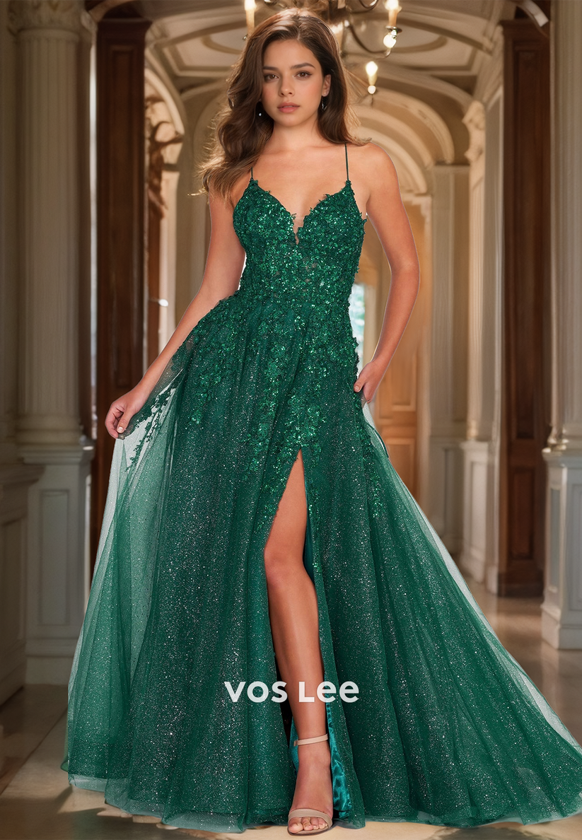 A-Line Deep V-Neck Lace Appliques Charming Side Slit Prom Formal Dress ...