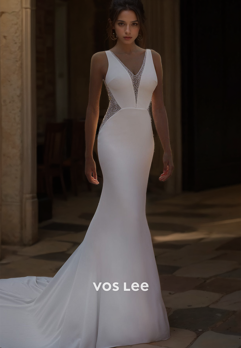 Elegant V Neck Straps Backless Column Sweep Train Beaded Satin Wedding ...