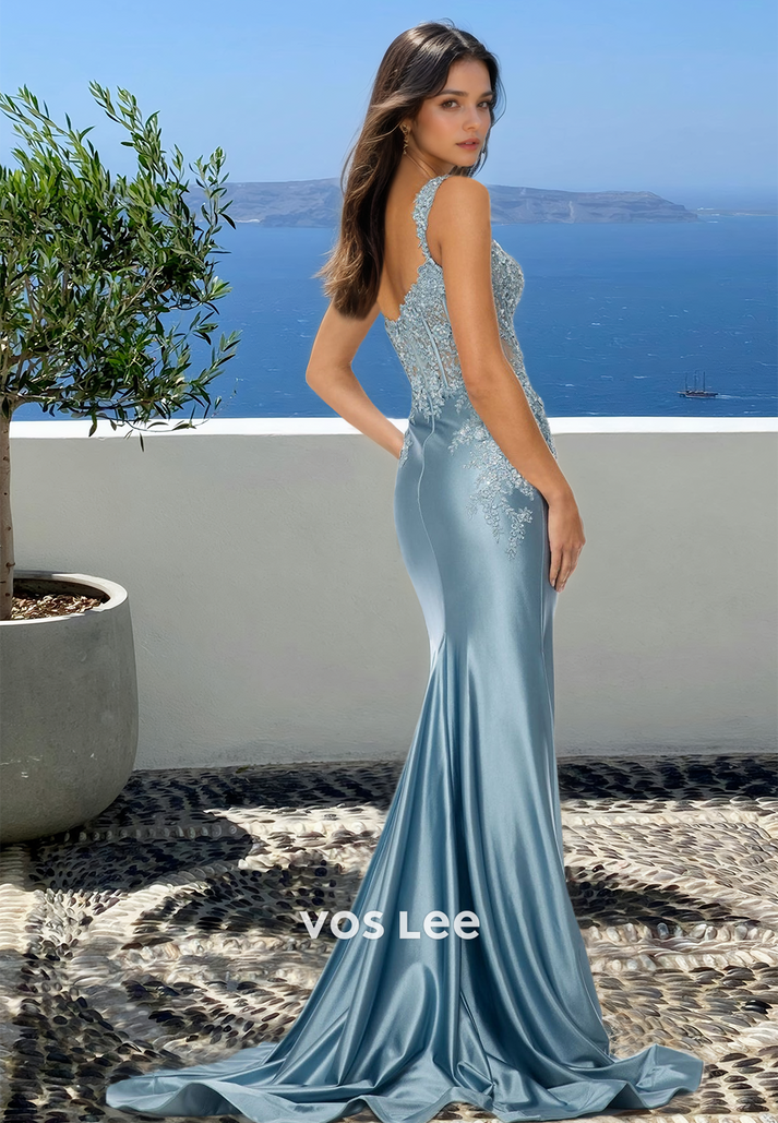 Gorgeous Sheath V Neck Spaghetti Straps Lace Appliques Mermaid Prom Ev – VOS LEE