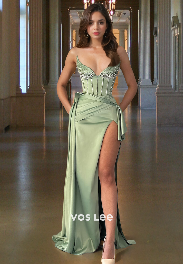 Ornate Column V Neck Sleeveless High Split Sweep Train Sequins Prom Ev – VOS LEE