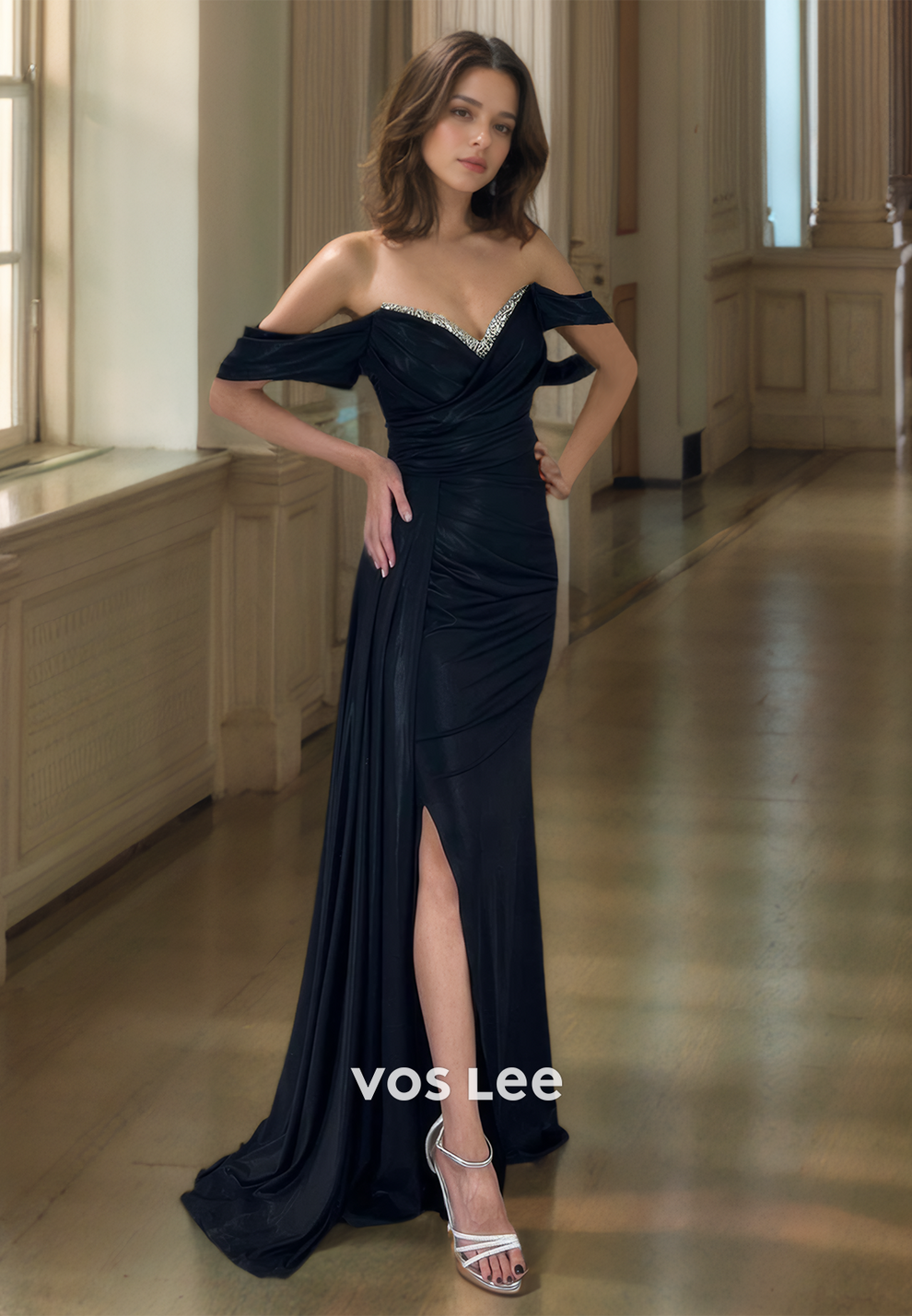 Charming Off Shoulder Column Side Split Draped Beaded Long Satin Prom ...