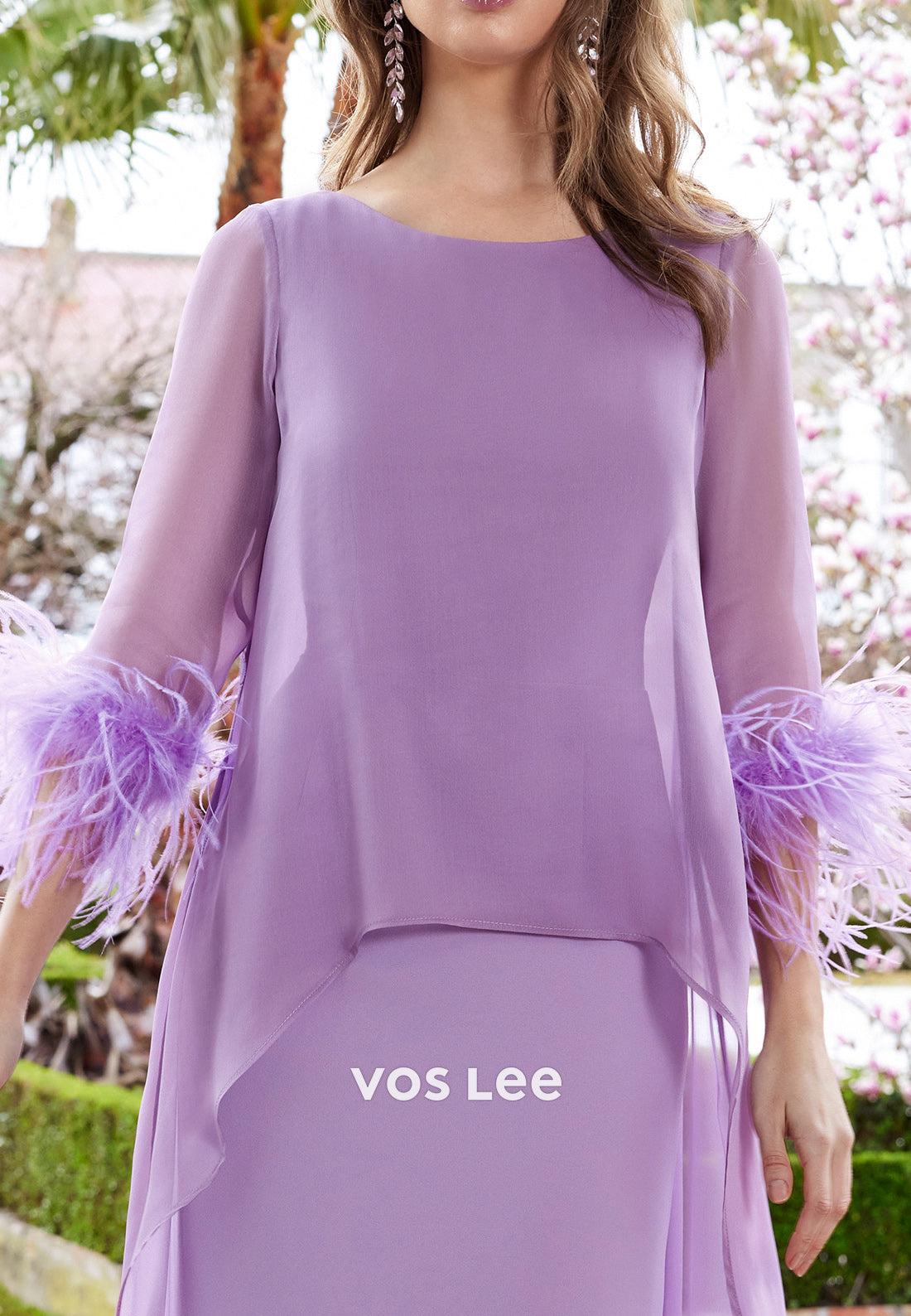 Casual 3/4 Sleeve Feather Sheath Semi Formal Floor-Length Mother of Br ...